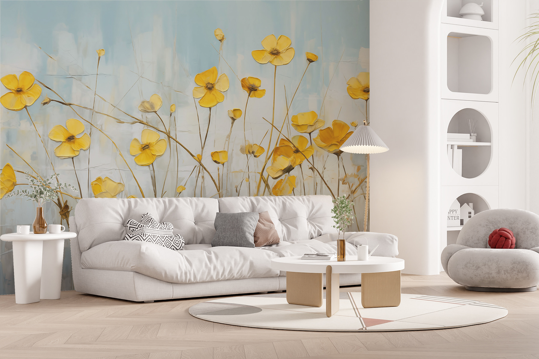 Wall murals Small yellow flowers on blue oil painting nr. w08129 ...
