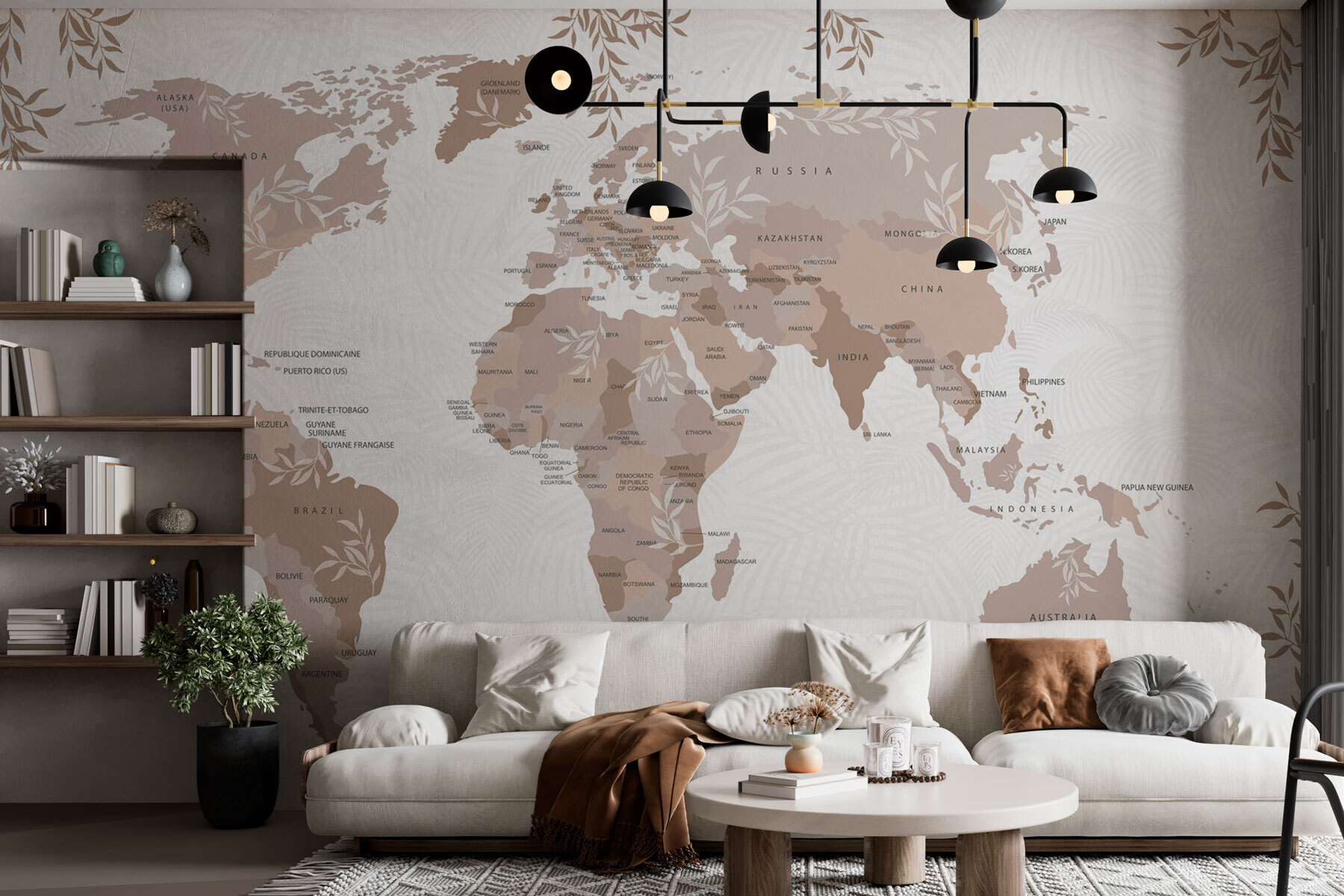 Stylish world map with leaves and plants | Uwalls.co.uk