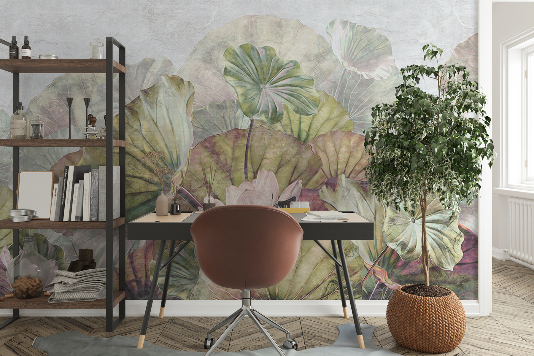 Wall murals Green water lilies and pink lilies with grunge texture nr ...