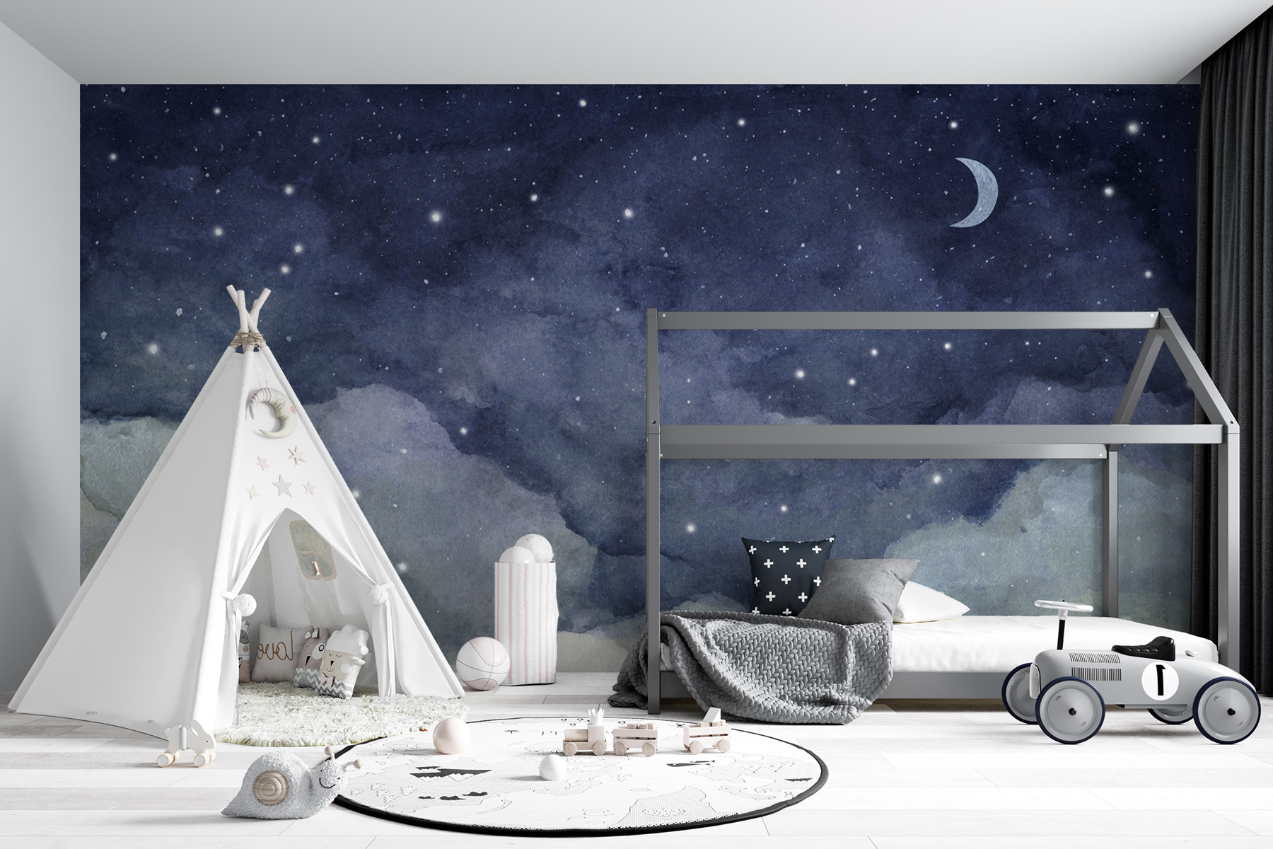 Wall murals Watercolor painting of night sky with crescent moon and ...