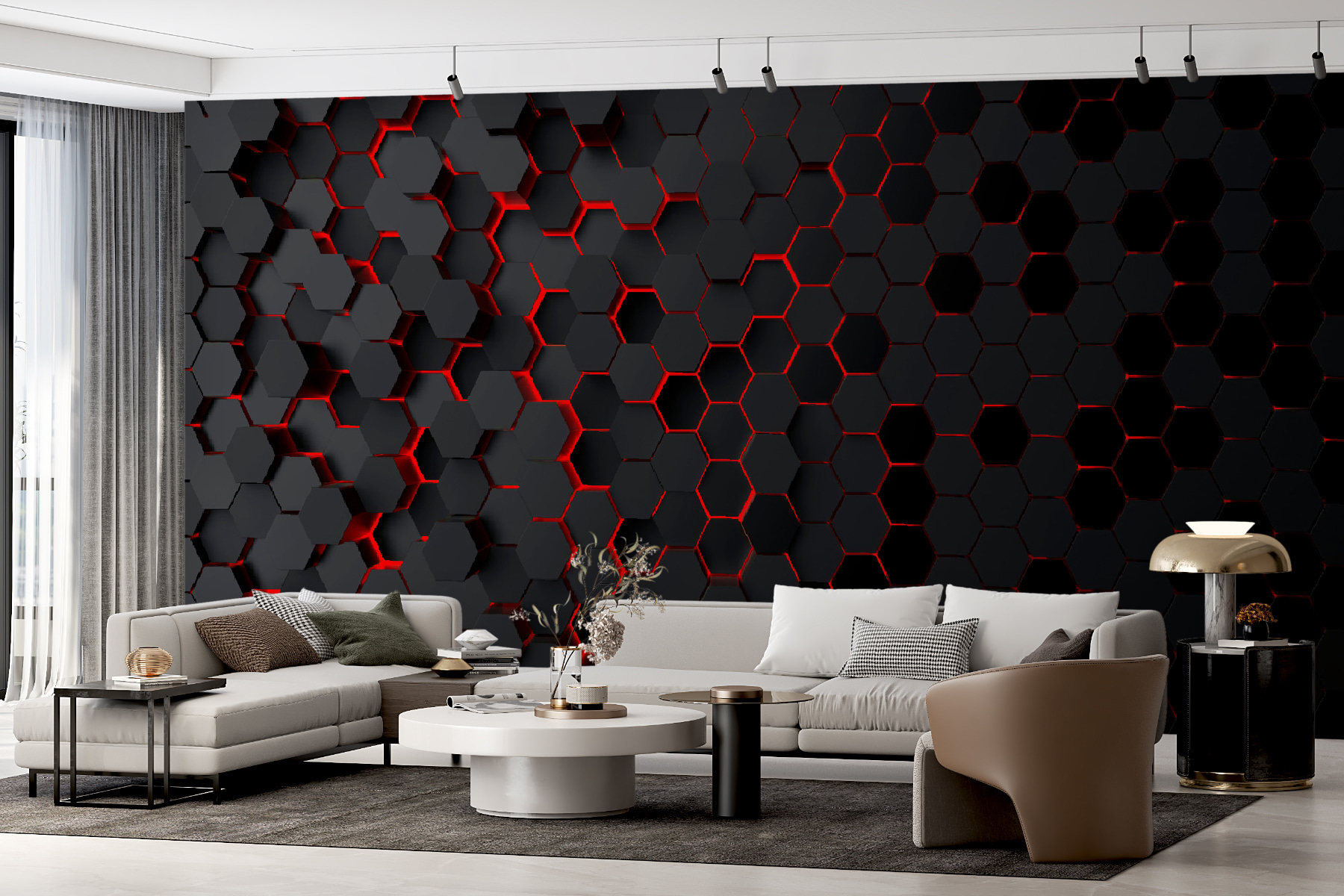 Wall murals Black hexagons and red glow nr. u93618v2 - Uwalls.co.uk