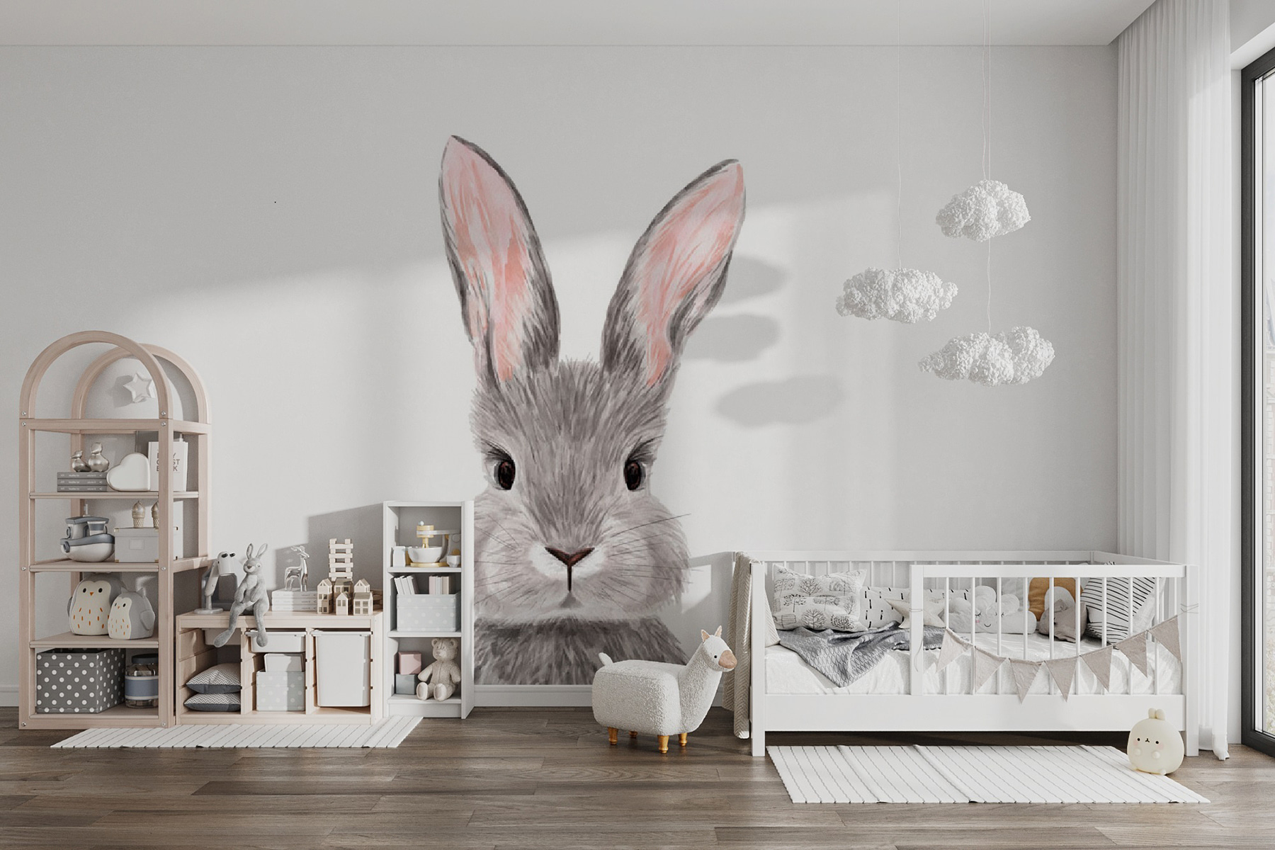 Wall murals Portrait of a realistic rabbit on a white background nr ...