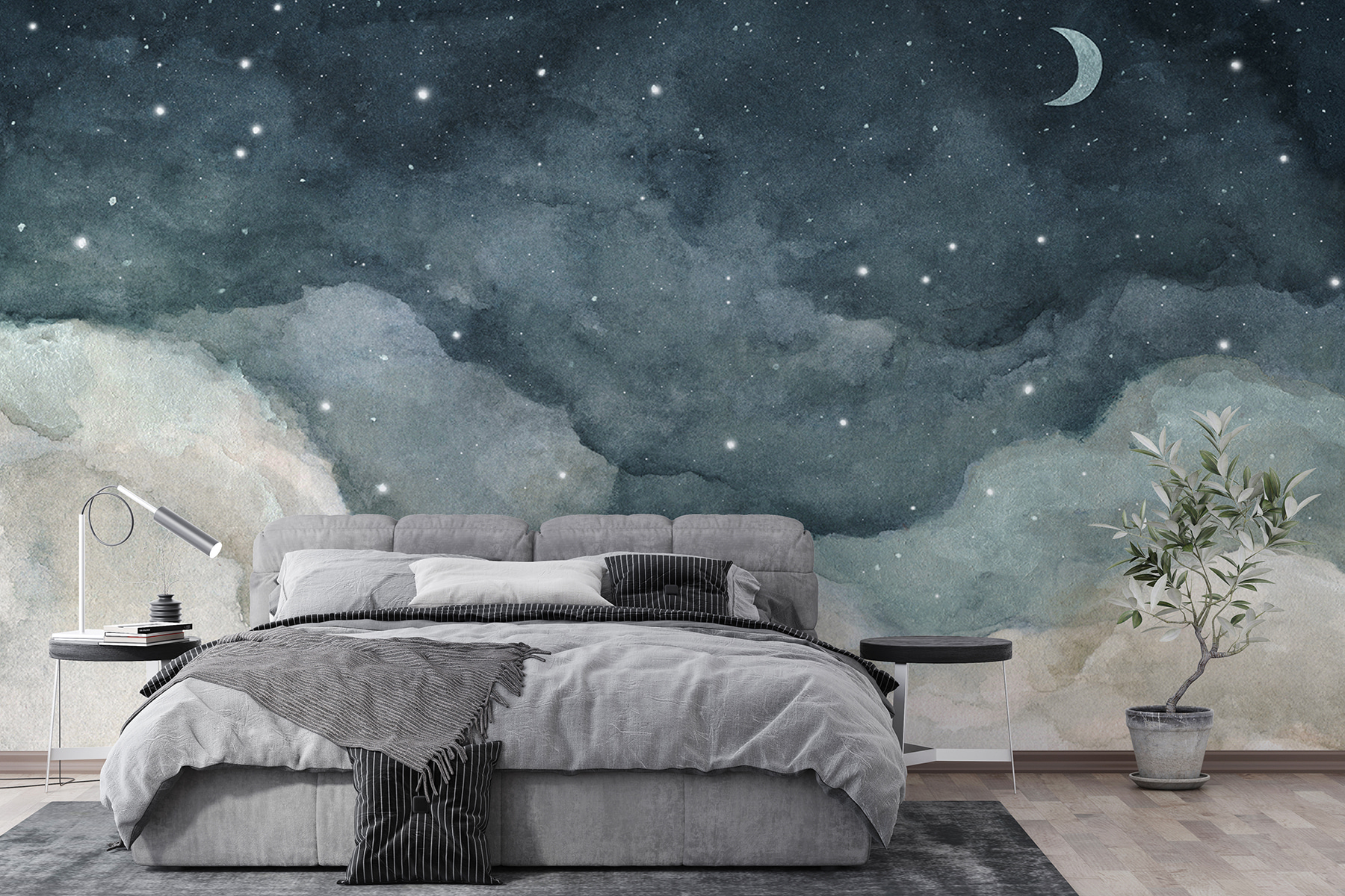 Wall murals Watercolor painting of night sky with crescent moon and ...